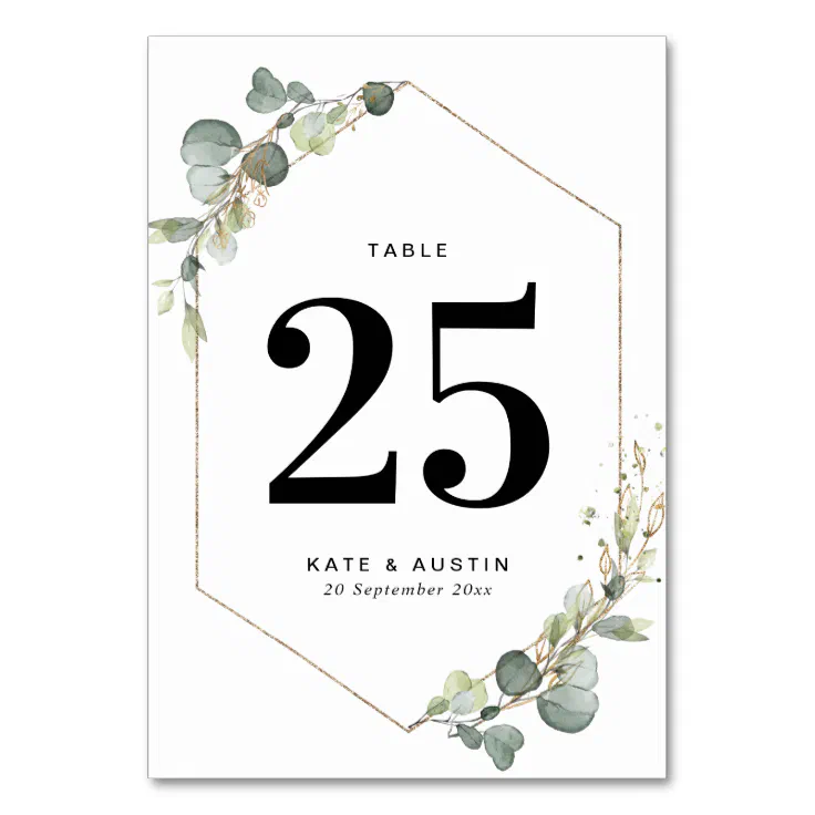 Watercolor eucalyptus geometric wedding table number | Zazzle