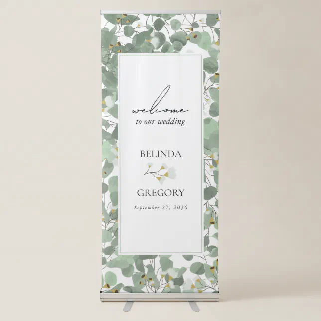 Watercolor Eucalyptus Greenery Blossoms Wedding Retractable Banner | Zazzle