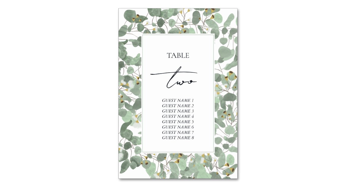 Watercolor Eucalyptus Greenery Blossoms Wedding Table Number | Zazzle