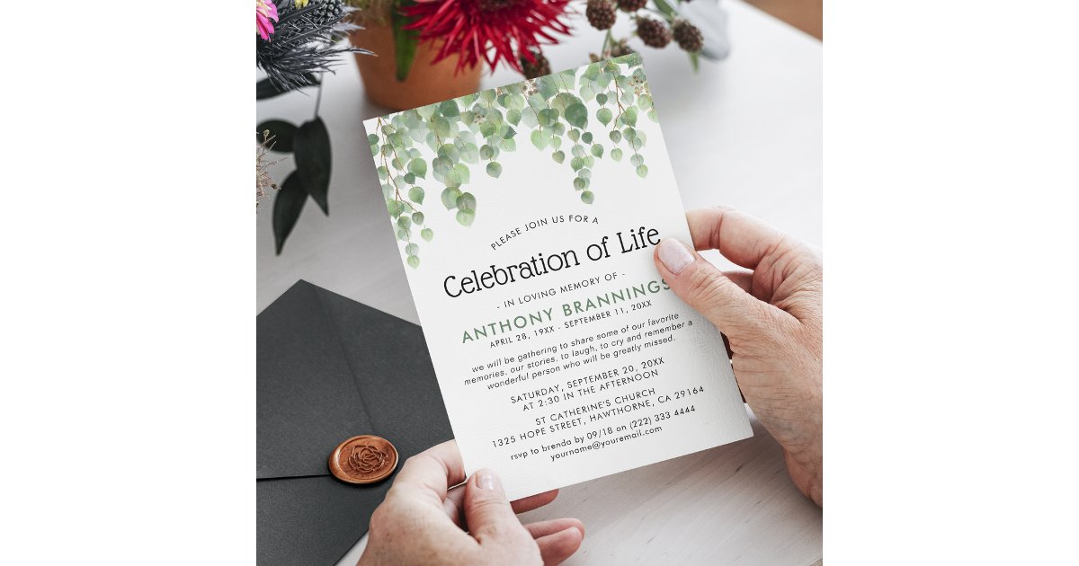 Watercolor Eucalyptus Greenery Celebration of Life Invitation | Zazzle