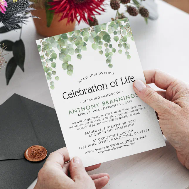 Watercolor Eucalyptus Greenery Celebration of Life Invitation | Zazzle
