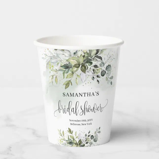 Watercolor eucalyptus greenery gold bridal shower paper cups | Zazzle