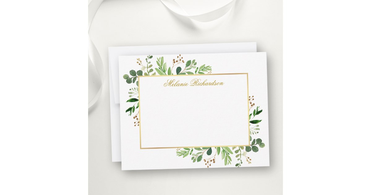 Watercolor Eucalyptus Greenery Gold Personalized Note Card | Zazzle