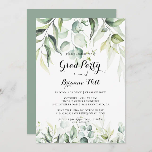 Watercolor Eucalyptus Greenery Grad Party Invitation | Zazzle