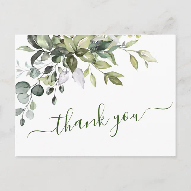Watercolor Eucalyptus Greenery Thank You Wedding Postcard | Zazzle