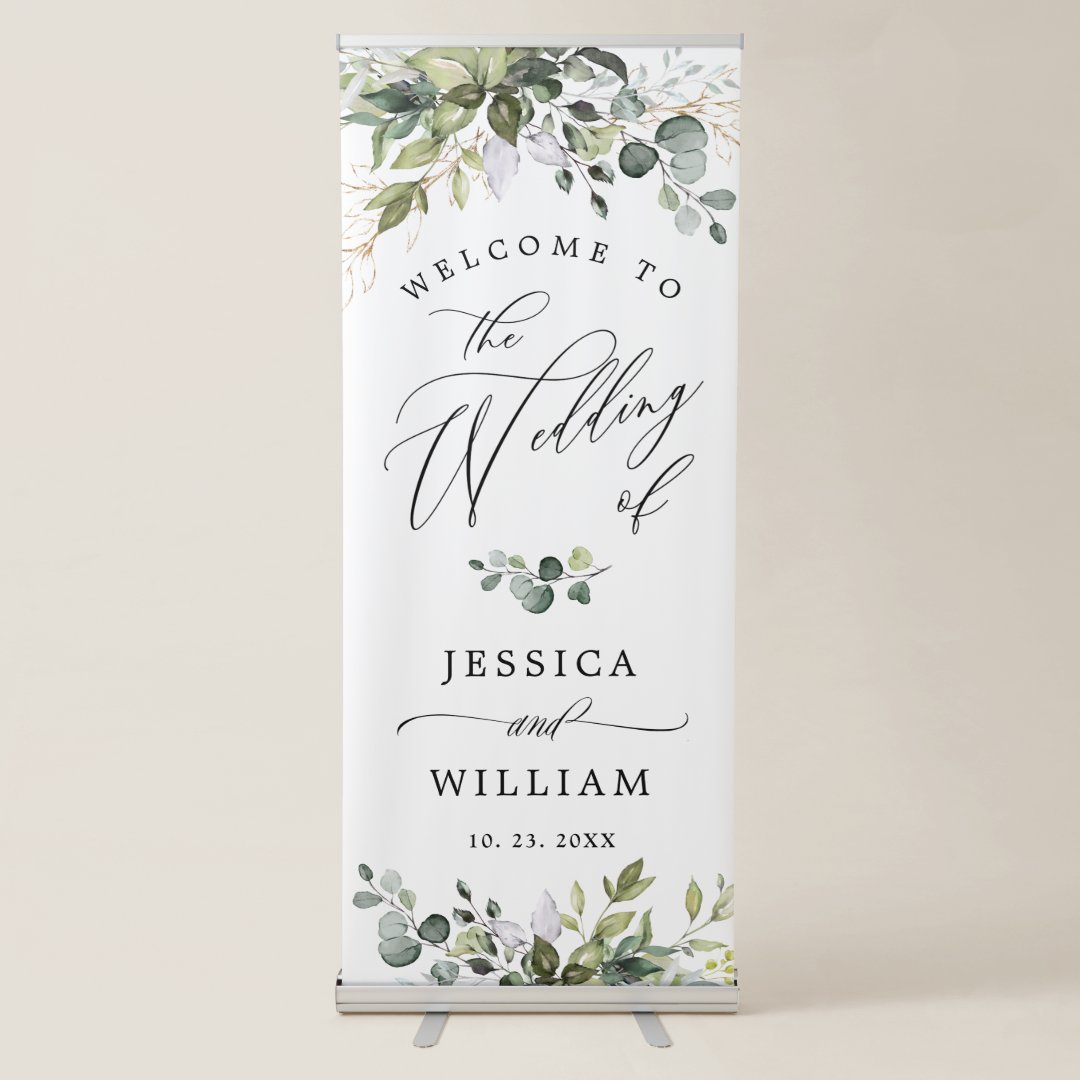 Watercolor Eucalyptus Greenery Wedding Welcome Retractable Banner | Zazzle