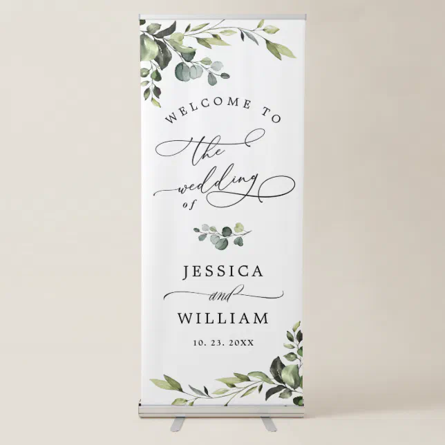 Watercolor Eucalyptus Greenery Wedding Welcome Retractable Banner | Zazzle