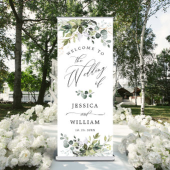 Watercolor Eucalyptus Greenery Wedding Welcome Retractable Banner | Zazzle
