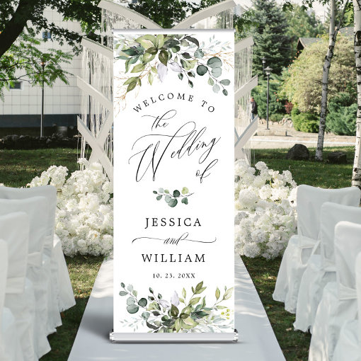 Watercolor Eucalyptus Greenery Wedding Welcome Retractable Banner | Zazzle