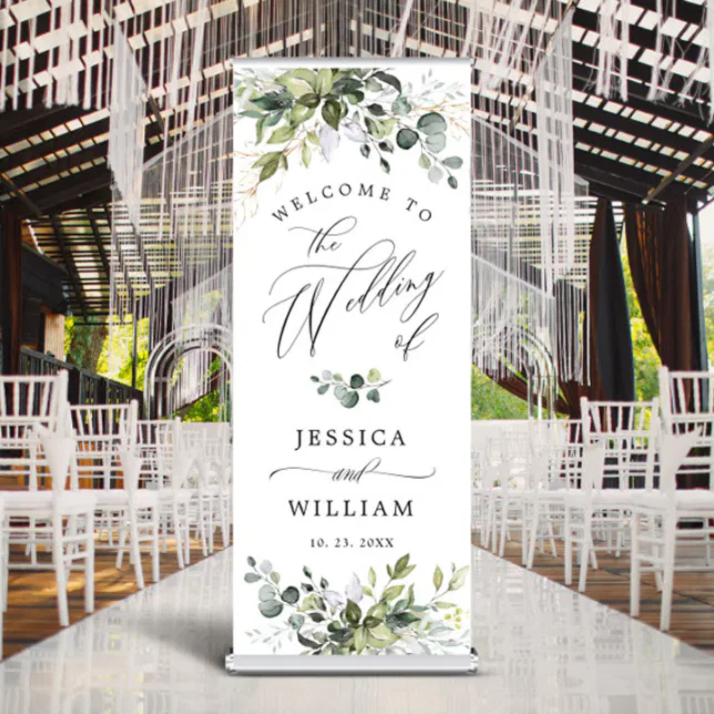 Watercolor Eucalyptus Greenery Wedding Welcome Retractable Banner | Zazzle
