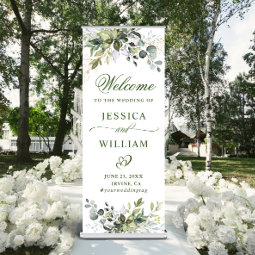 Watercolor Eucalyptus Greenery Wedding Welcome Retractable Banner | Zazzle
