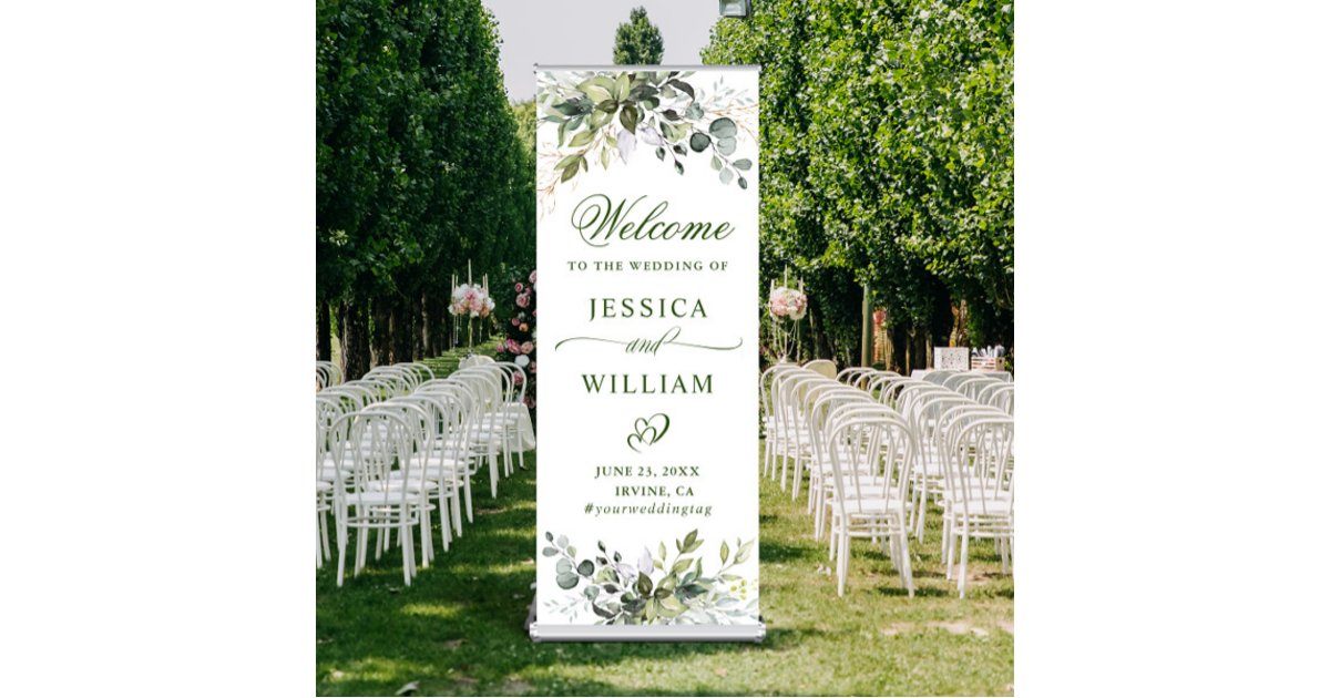 Watercolor Eucalyptus Greenery Wedding Welcome Retractable Banner | Zazzle