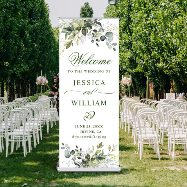 Watercolor Eucalyptus Greenery Wedding Welcome Retractable Banner | Zazzle