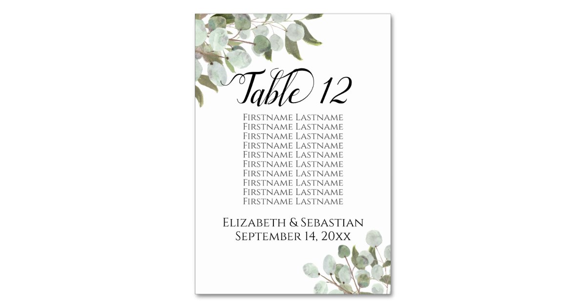 Watercolor Eucalyptus Leaves Wedding Seating Chart Table Number | Zazzle