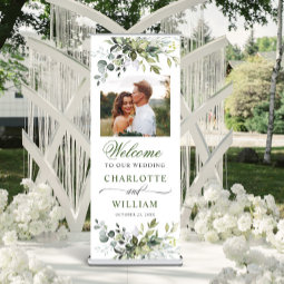 Watercolor Eucalyptus PHOTO Wedding Welcome Retractable Banner | Zazzle