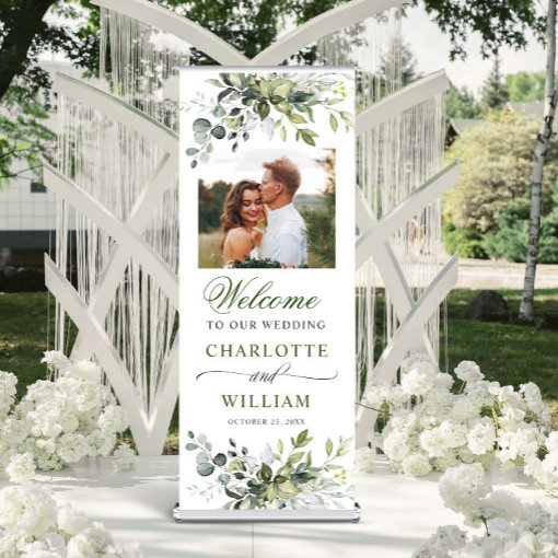 Watercolor Eucalyptus PHOTO Wedding Welcome Retractable Banner | Zazzle