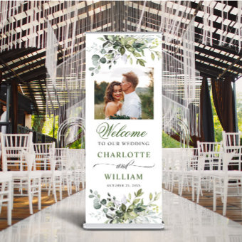 Watercolor Eucalyptus PHOTO Wedding Welcome Retractable Banner | Zazzle