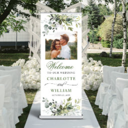 Watercolor Eucalyptus PHOTO Wedding Welcome Retractable Banner | Zazzle