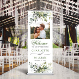Watercolor Eucalyptus PHOTO Wedding Welcome Retractable Banner | Zazzle