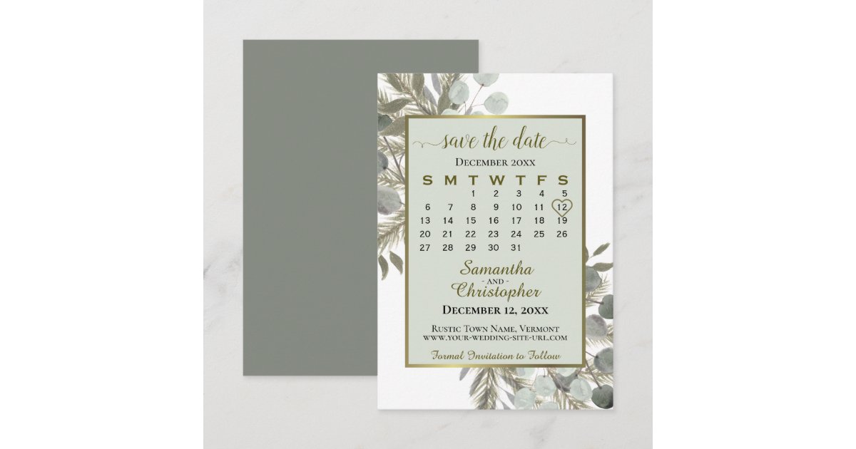 Watercolor Eucalyptus Pine Calendar Sage Wedding Save The Date | Zazzle