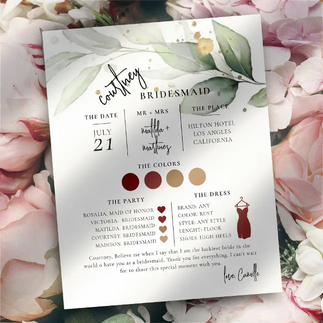 Watercolor Eucalyptus Script Bridesmaid info Card | Zazzle