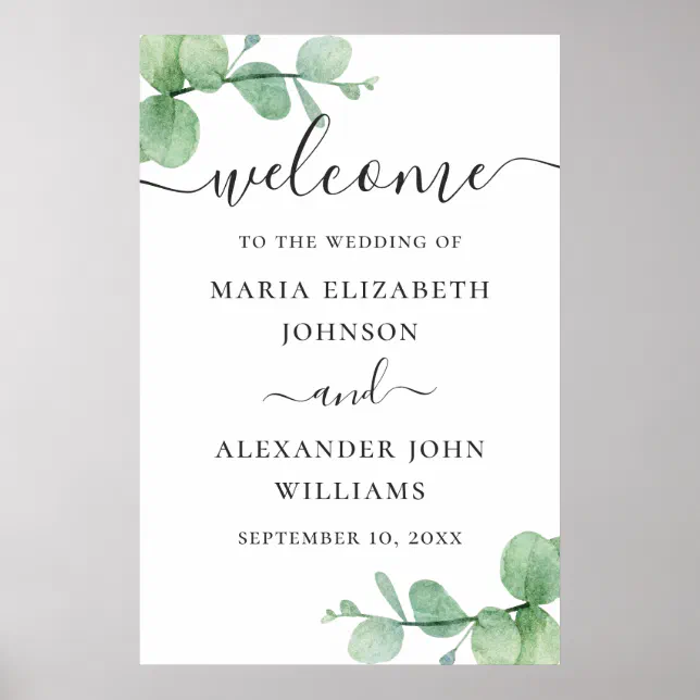 Watercolor eucalyptus script wedding welcome poster | Zazzle