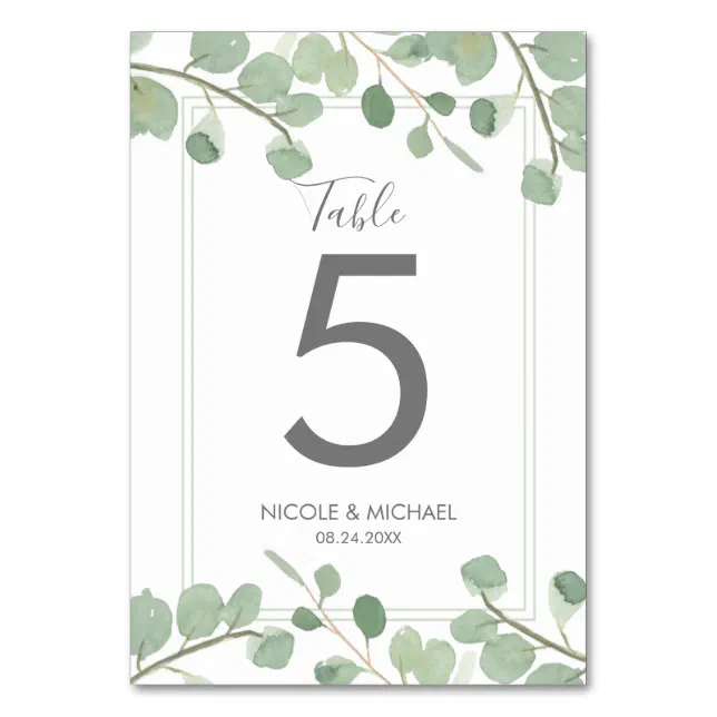 Watercolor Eucalyptus Wedding Table Number | Zazzle