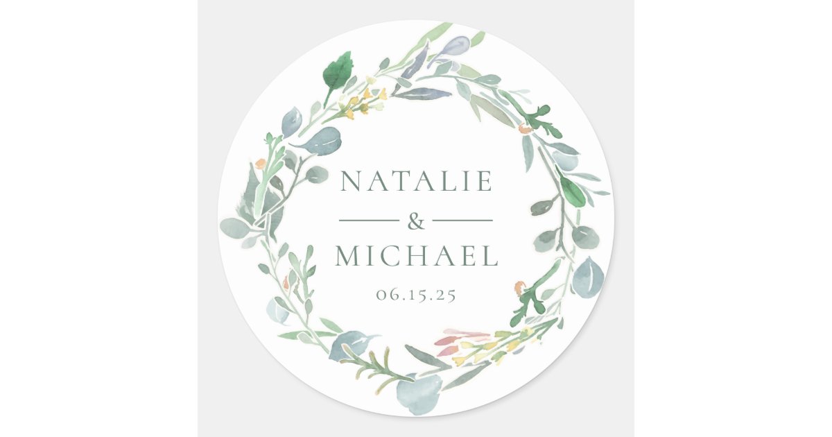Watercolor Eucalyptus Wreath Greenery Wedding Classic Round Sticker ...