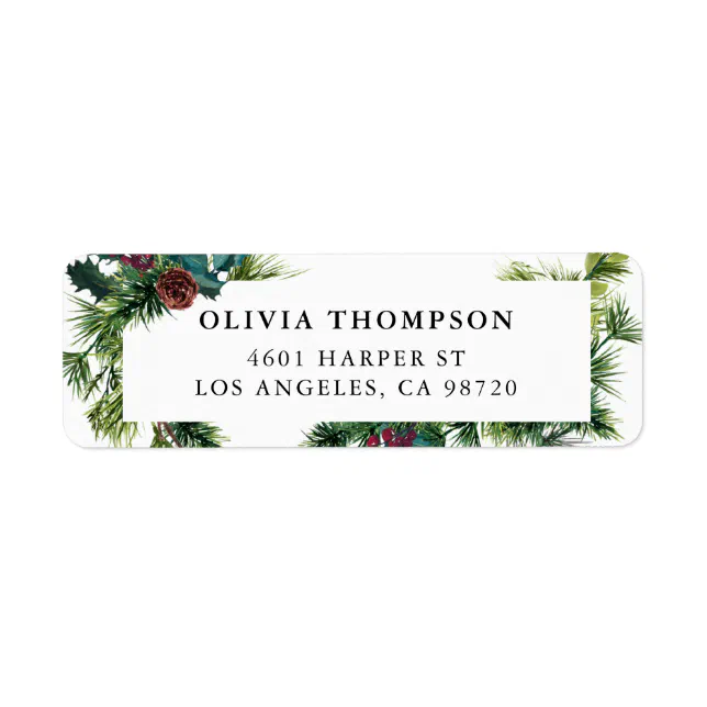 Watercolor Evergreen Fir & dddddddddHolly Holiday Label | Zazzle