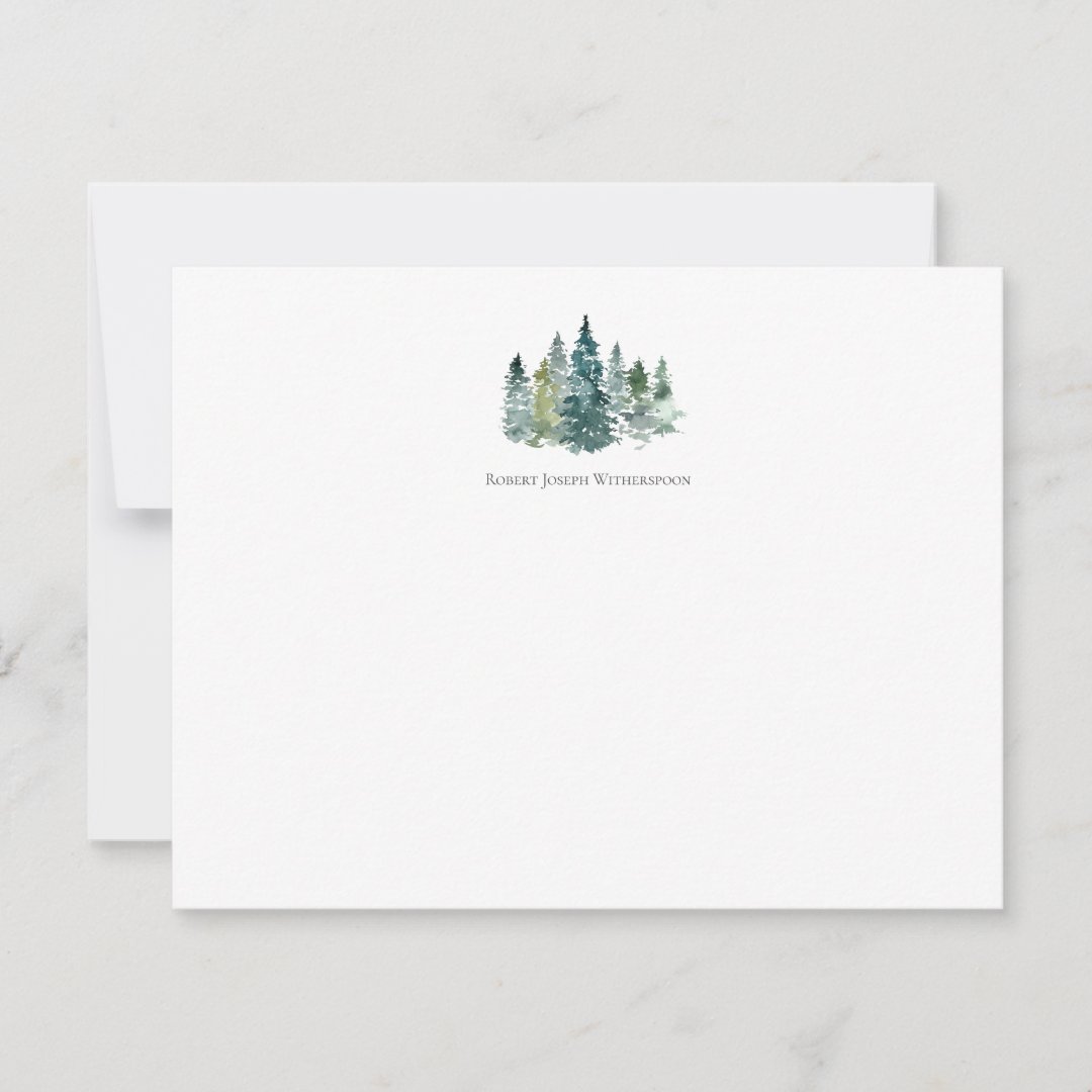 Watercolor Evergreen Trees Personalized Note Card | Zazzle