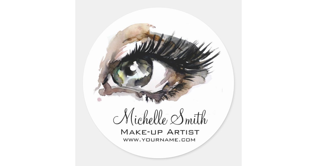 Watercolor eyes lash extension makeup branding classic round sticker ...