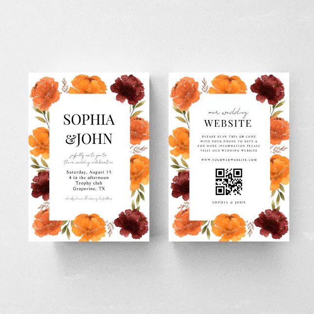 Watercolor Fall Floral QR Code All in One Wedding Invitation | Zazzle
