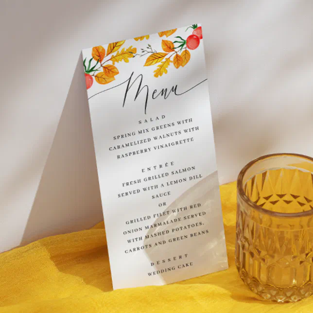 Watercolor fall floral wedding. Woodland autumn Menu | Zazzle