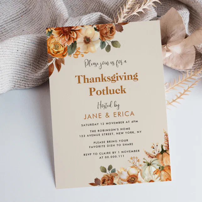 watercolor fall flowers thanksgiving potluck invitation | Zazzle