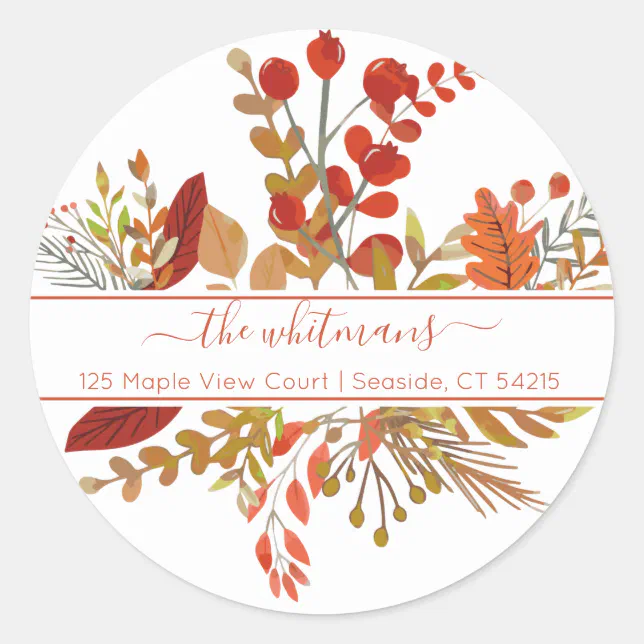 Watercolor Fall Foliage Return Address Classic Round Sticker | Zazzle