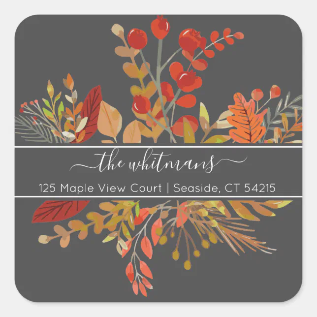 Watercolor Fall Foliage Return Address | Dark Gray Square Sticker | Zazzle