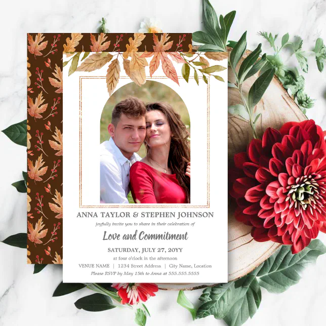 Watercolor Fall Leaves & Photo Commitment Ceremony Invitation | Zazzle