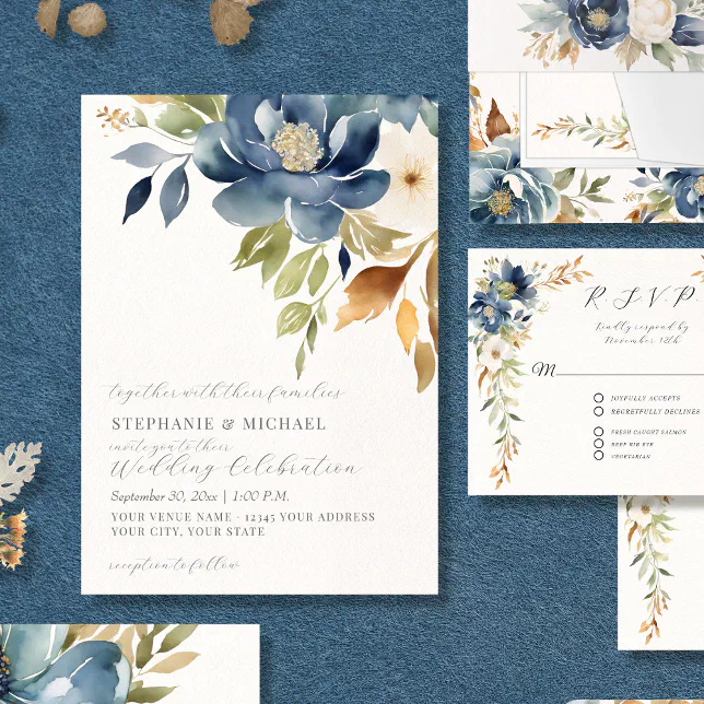 Watercolor Fall Modern Floral Blue Ivory Wedding Invitation | Zazzle
