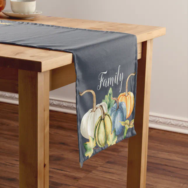 Watercolor Fall Pumpkin Navy Blue Short Table Runner | Zazzle