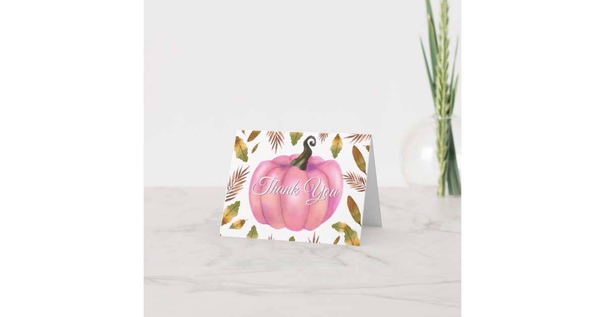 Watercolor Fall Pumpkin Pink Thank You card | Zazzle