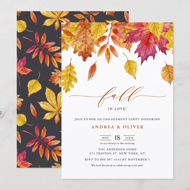 Watercolor Falling Leaves Autumn Engagement Party Invitation | Zazzle