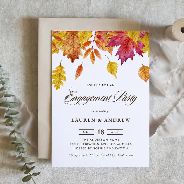 Watercolor Falling Leaves Autumn Engagement Party Invitation | Zazzle