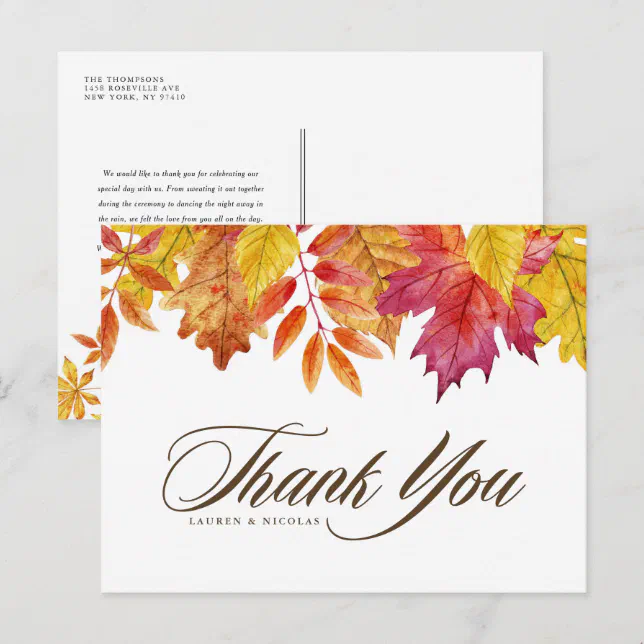 Watercolor Falling Leaves Fall Wedding Thank You Postcard | Zazzle