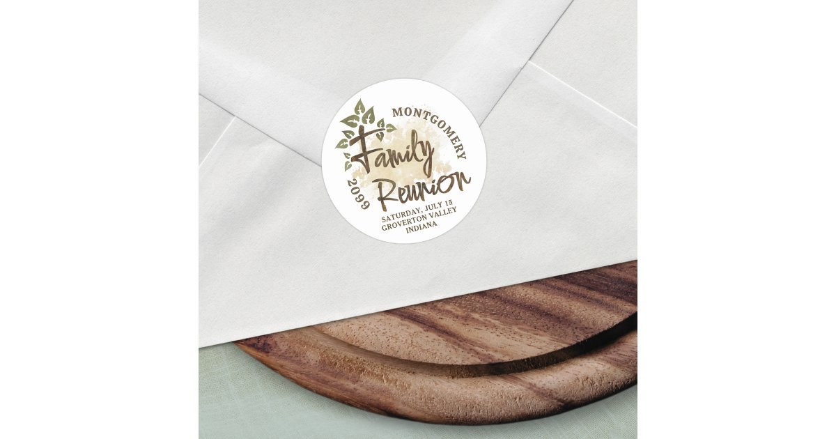 Watercolor Family Reunion Script Tree Name Classic Round Sticker | Zazzle
