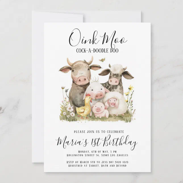 Watercolor Farm Animals Birthday Invitation | Zazzle