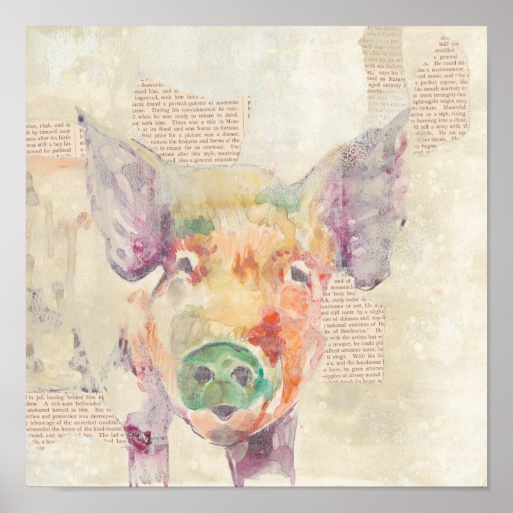 Watercolor Farm Collage Pig Poster | Zazzle