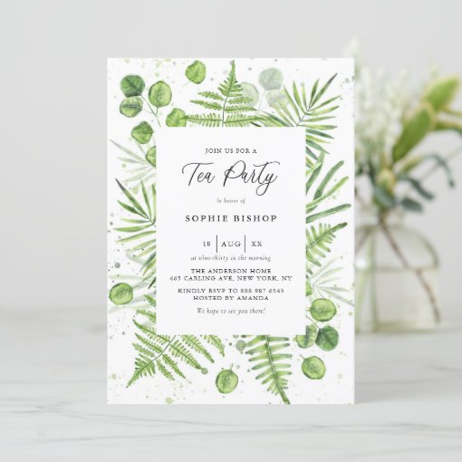 Watercolor Ferns and Eucalyptus Frame Tea Party Invitation | Zazzle