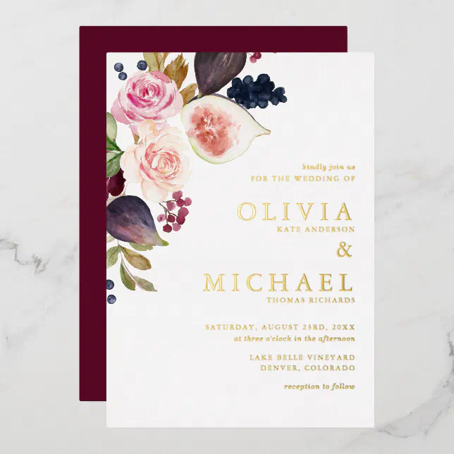 Watercolor Figs and Autumn Blooms Floral Wedding Foil Invitation | Zazzle