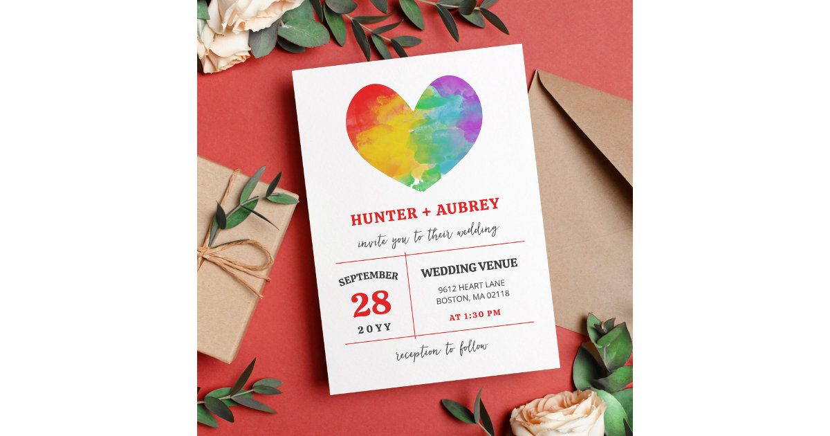 Watercolor Filled Pride Heart Gay Lesbian Wedding Invitation Zazzle