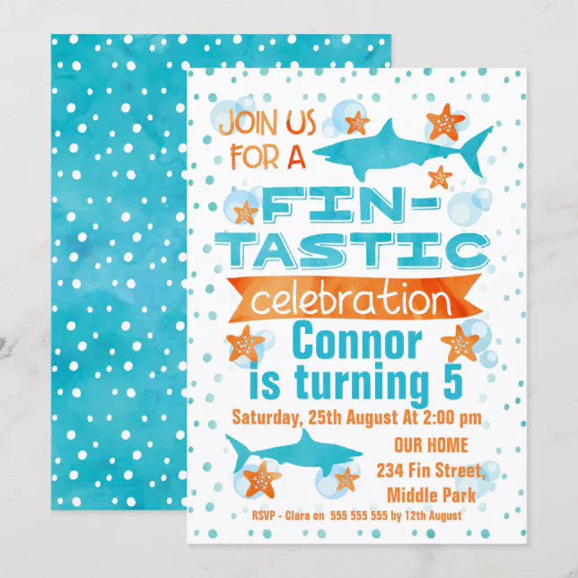 Watercolor Fin-tastic Shark Birthday Invitation | Zazzle